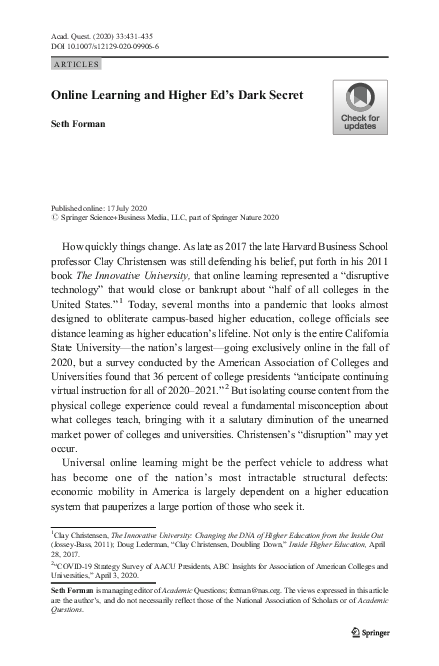 (PDF) Online Learning and Higher Ed’s Dark Secret