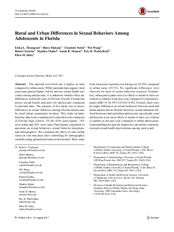 (PDF) Rural and Urban Differences in Sexual Behaviors Among Adolescents in Florida | Charlotte ...
