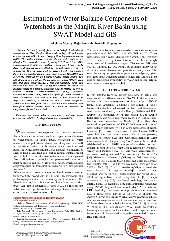(PDF) Estimation of Water Balance Components of Watersheds in the Manjira River Basin using SWAT ...