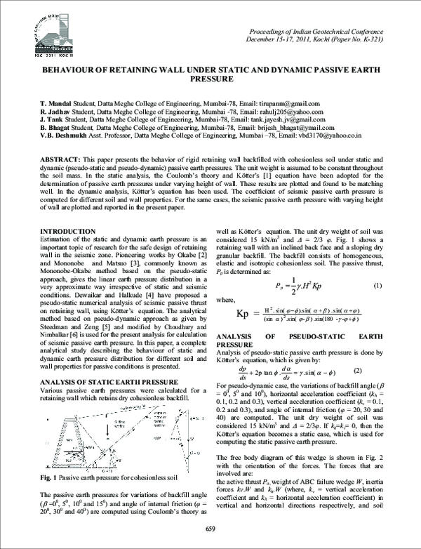 (PDF) Behaviour of Retaining Wall Under Static and Dynamic Passive Earth Pressure