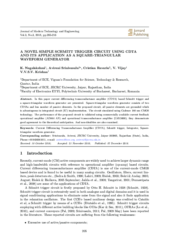 (PDF) A Novel Simple Schmitt Trigger Circuit Using Cdta and Its ... (PDF) A Novel Simple Schmitt Trigger Circuit Using Cdta and Its ...