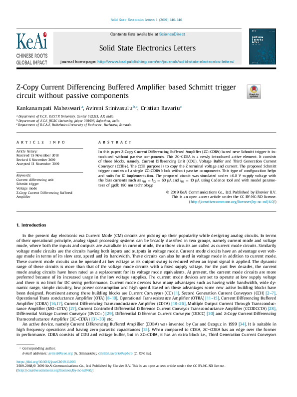 Pdf Z Copy Current Differencing Buffered Amplifier Based Schmitt Trigger Circuit Without