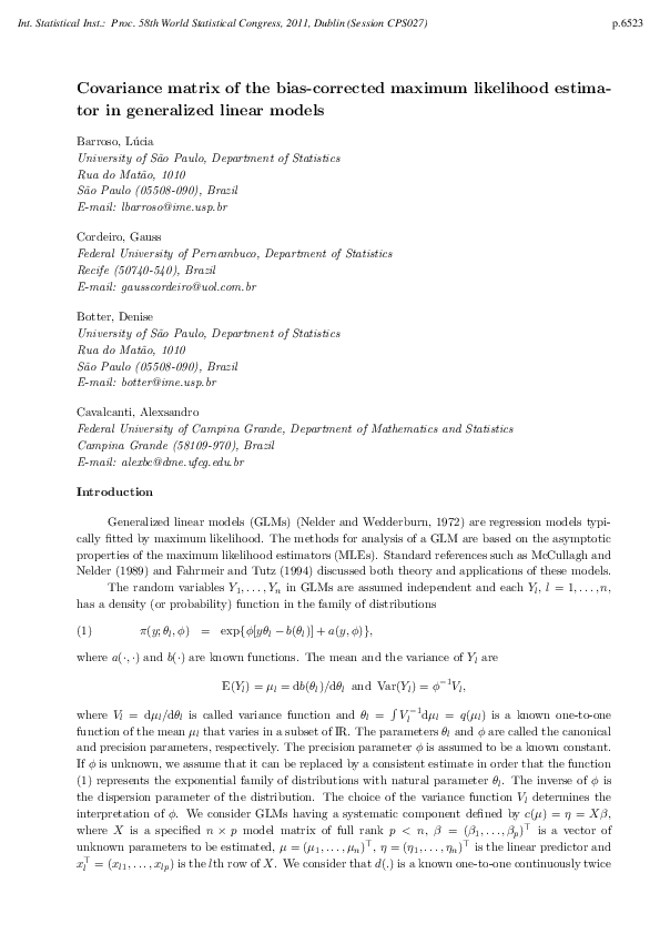 (PDF) Covariance matrix of the bias-corrected maximum likelihood estimator in generalized linear ...