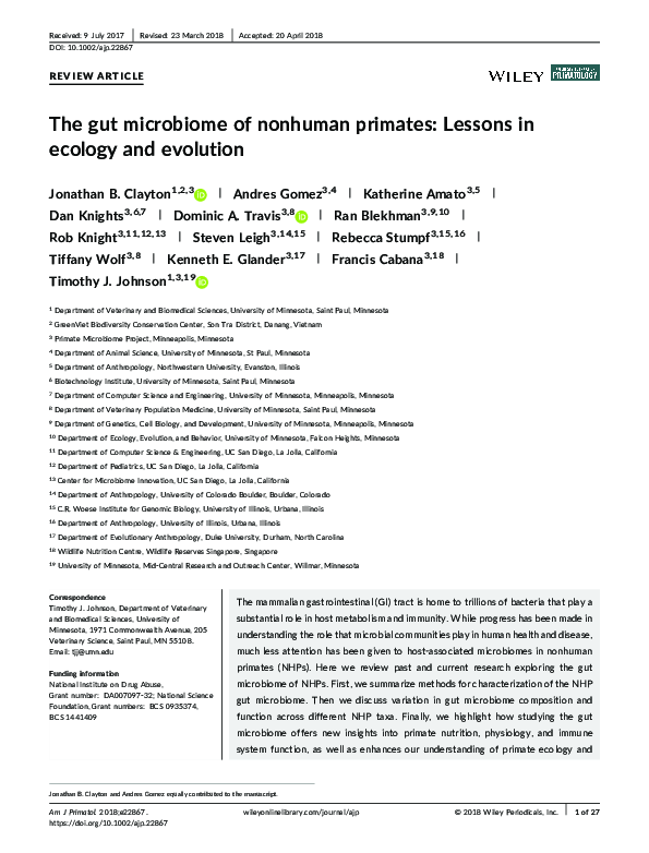 (PDF) The gut microbiome of nonhuman primates: Lessons in ecology and ...