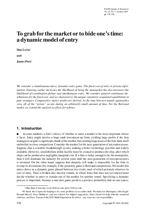 (PDF) To Grab for the Market or to Bide One's Time: A Dynamic Model of ...
