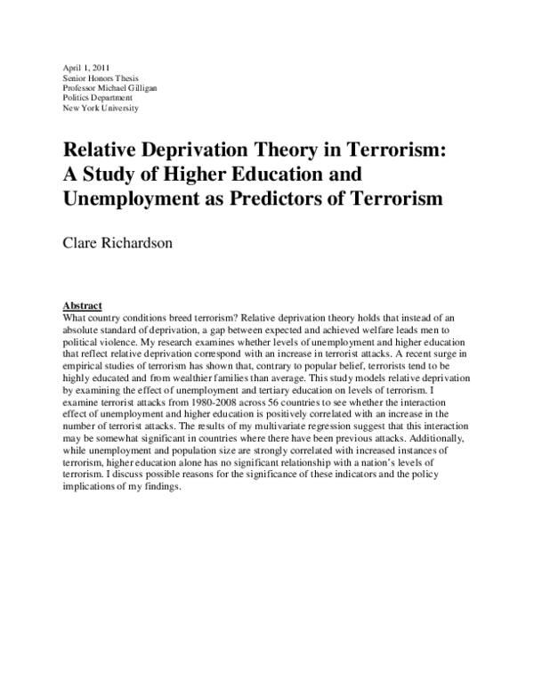 (PDF) Relative deprivation theory in terrorism: a study of higher ...