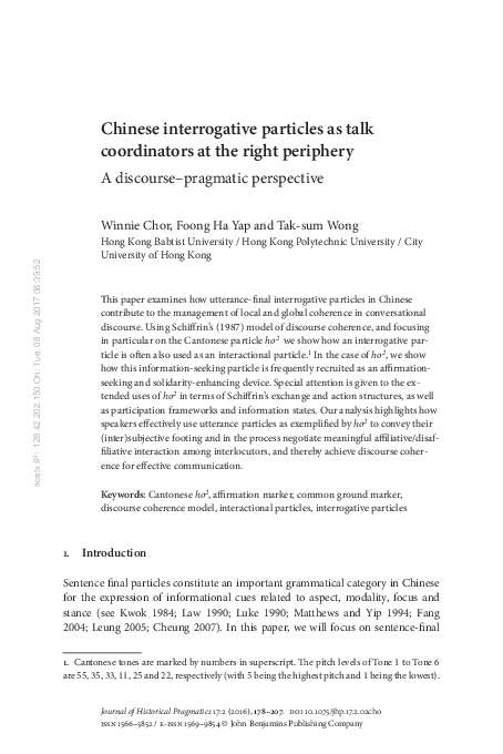 (PDF) Chinese interrogative particles as talk coordinators at the right ...