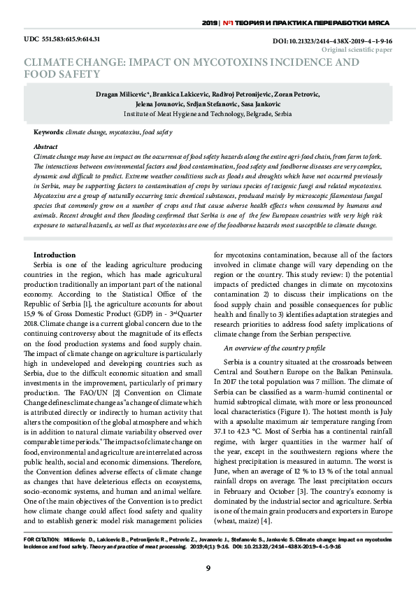 (PDF) Climate Change: Impact on Mycotoxins Incidence and Food Safety