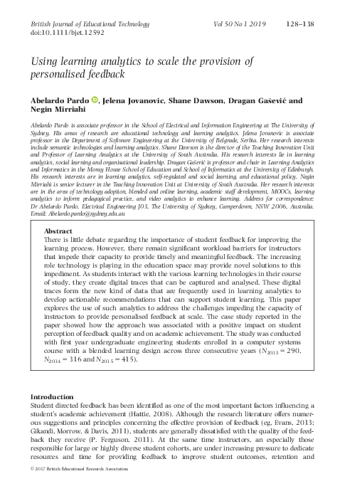 (PDF) Using learning analytics to scale the provision of personalised feedback