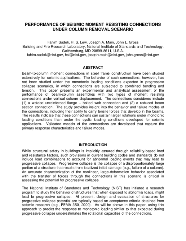 (PDF) Performance of Seismic Moment Resisting Connections Under Column Removal Scenario | Nist