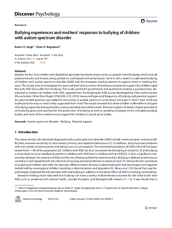 (PDF) Bullying experiences and mothers' responses to bullying of ...