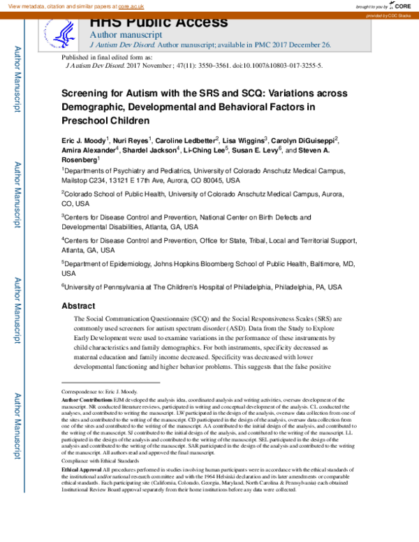 (PDF) Screening for Autism with the SRS and SCQ: Variations across ...