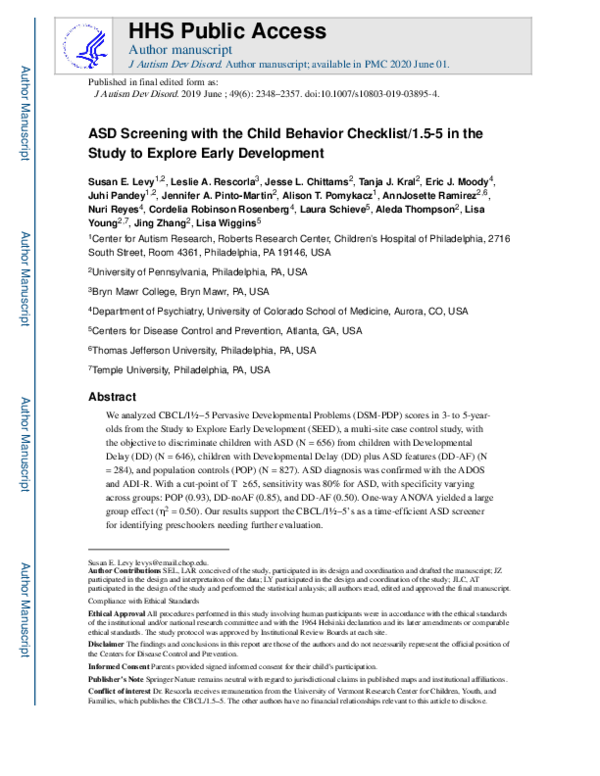 (PDF) ASD Screening with the Child Behavior Checklist/1.5-5 in the ...