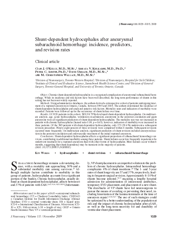 (PDF) Shunt-dependent hydrocephalus after aneurysmal subarachnoid hemorrhage: incidence ...