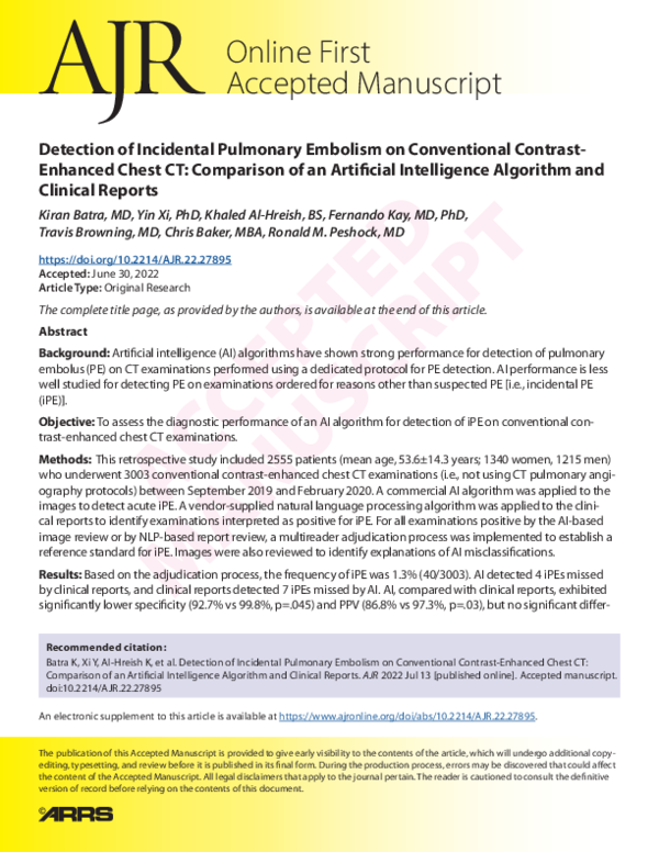 (PDF) Detection of Incidental Pulmonary Embolism on Conventional Contrast-Enhanced Chest CT ...
