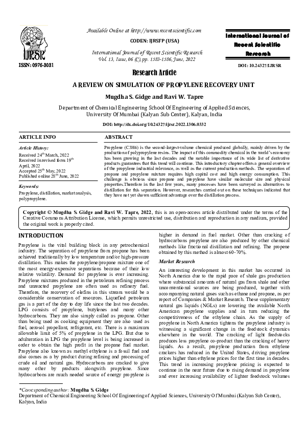 (PDF) A REVIEW ON SIMULATION OF PROPYLENE RECOVERY UNIT