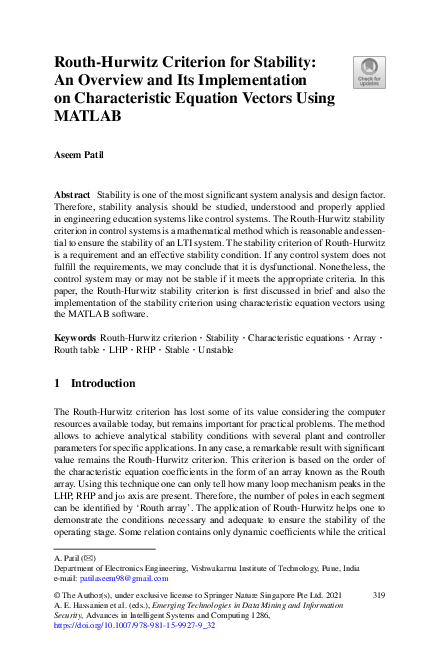 (PDF) Routh-Hurwitz Criterion for Stability: An Overview and Its Implementation on ...