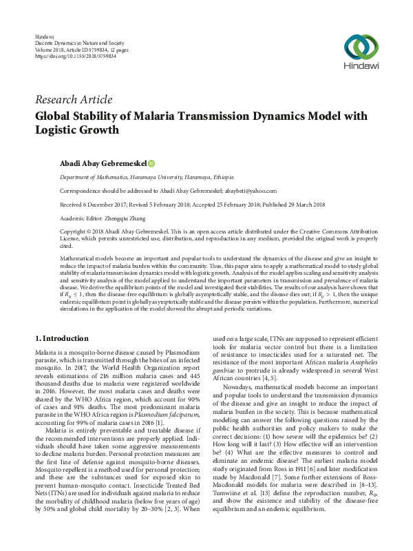 (PDF) Global Stability of Malaria Transmission Dynamics Model with Logistic Growth