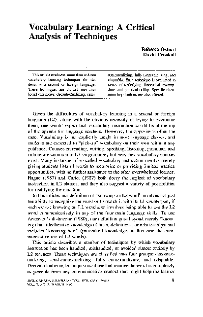 (PDF) Vocabulary Learning: A Critical Analysis of Techniques