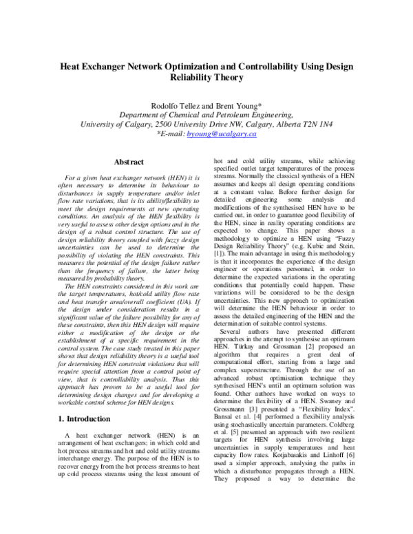 (PDF) Heat Exchanger Network Optimization and Controllability Using Design Reliability Theory