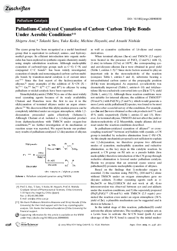 (PDF) Palladium-Catalyzed Cyanation of Carbon Carbon Triple Bonds Under ...