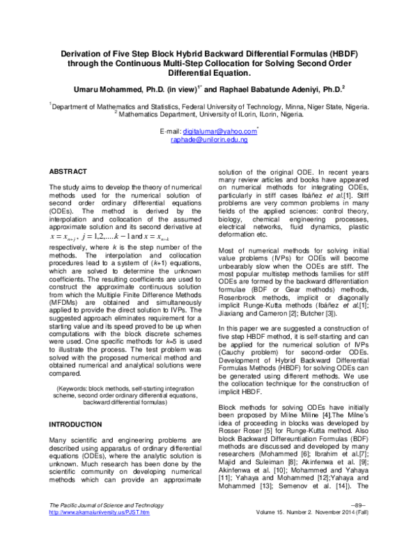 Pdf Derivation Of Five Step Block Hybrid Backward Differential Formulas Hbdf Through The