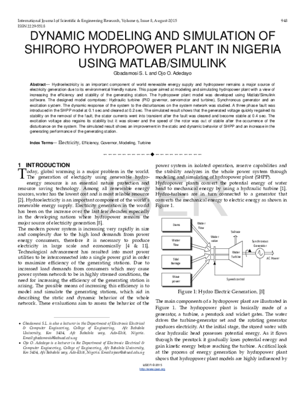 Pdf Dynamic Modeling And Simulation Of Shiroro Hydropower Plant In Nigeria Using Matlab Simulink