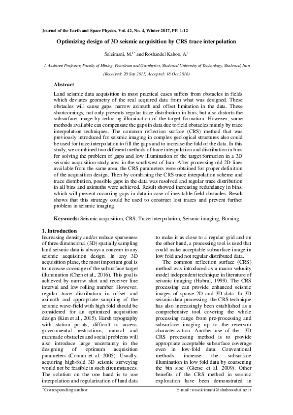 (PDF) Optimizing design of 3D seismic acquisition by CRS trace interpolation