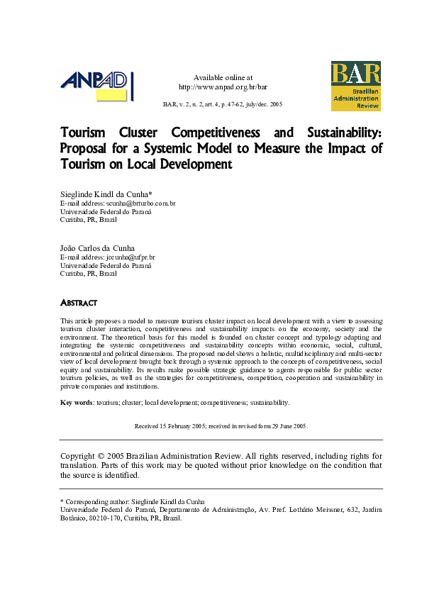 (PDF) Tourism cluster competitiveness and sustainability: proposal for ...