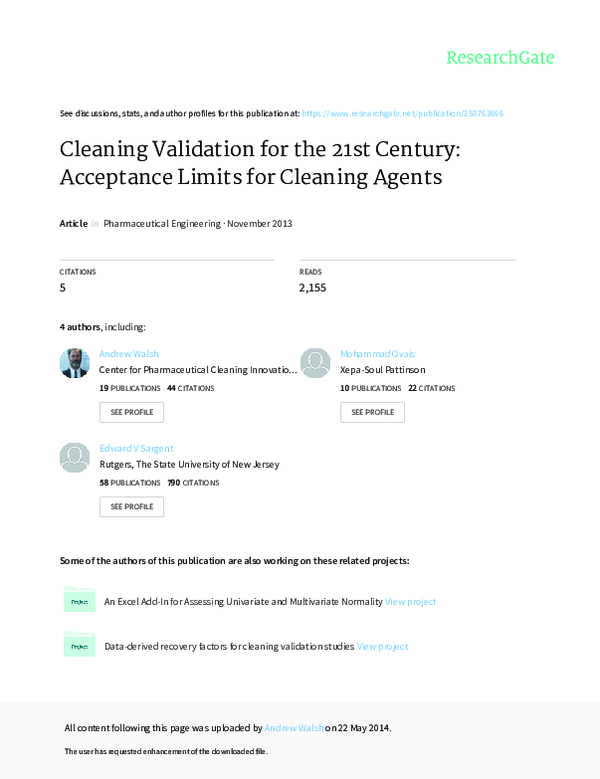 (PDF) Cleaning Validation for the 21st Century: Acceptance Limits for ...