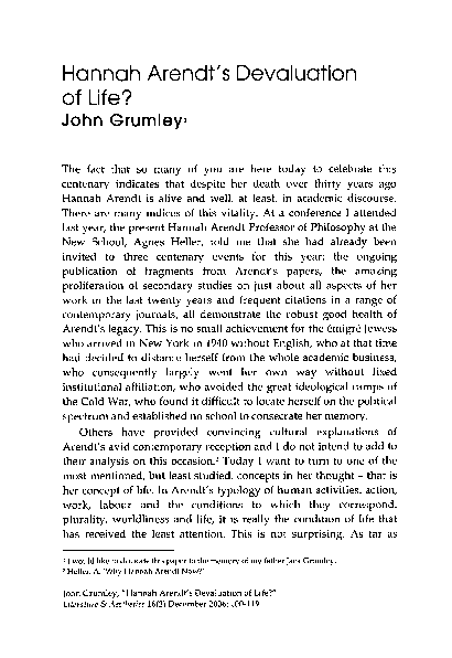 (PDF) Hannah Arendt's Devaluation of Life? | John Grumley - Academia.edu