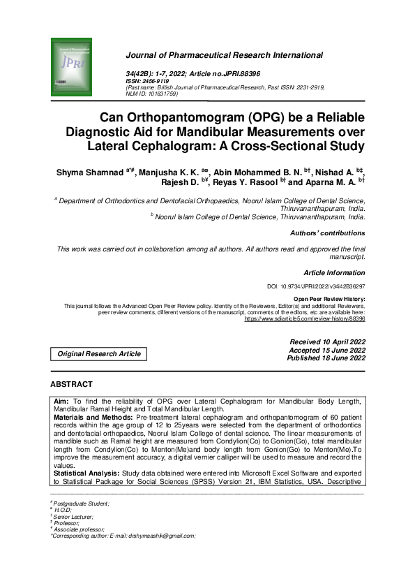 (PDF) Can Orthopantomogram (OPG) be a Reliable Diagnostic Aid for ...