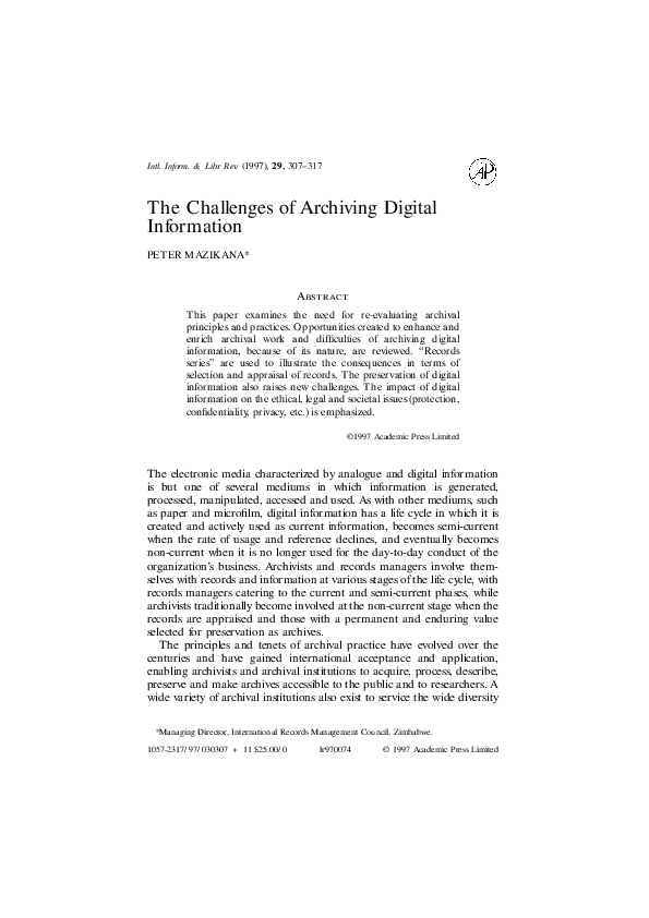 (PDF) The Challenges of Archiving Digital Information