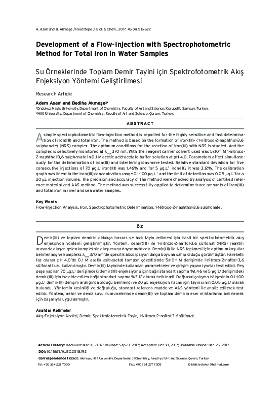 (PDF) Development of a Flow-Injection with Spectrophotometric Method for Total Iron in Water Samples