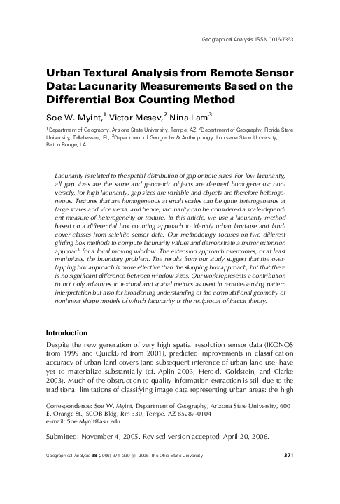 (PDF) Urban Textural Analysis from Remote Sensor Data: Lacunarity Measurements Based on the ...