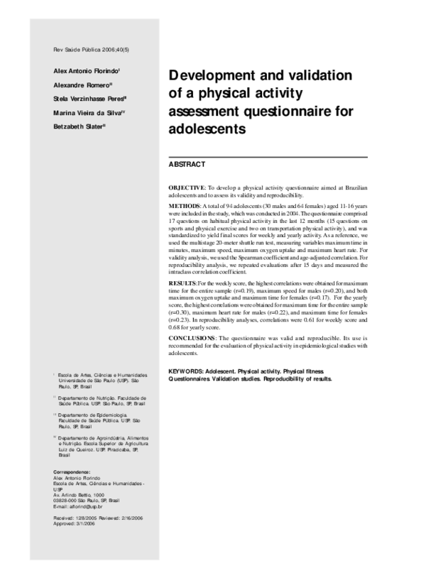Pdf Development And Validation Of A Physical Activity Assessment Questionnaire For