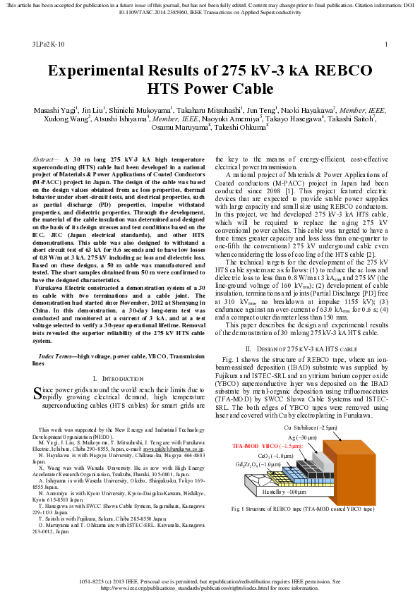(PDF) Experimental Results of 275-kV 3-kA REBCO HTS Power Cable
