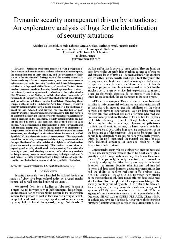 (PDF) Dynamic security management driven by situations: An exploratory ...