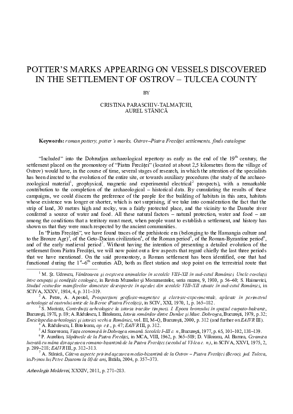 (PDF) Potter's Marks Appearing on Vessels Discovered in the Settlement of Ostrov - Tulcea County
