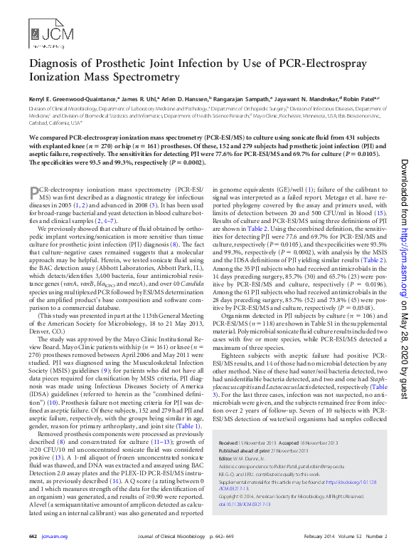(PDF) Diagnosis of Prosthetic Joint Infection by Use of PCR-Electrospray Ionization Mass ...