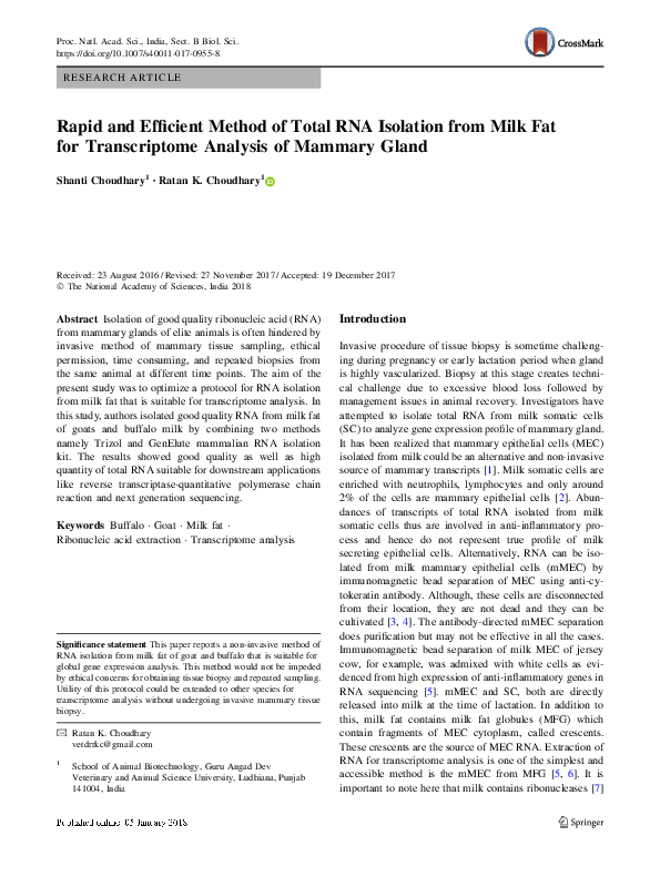 (PDF) Rapid and Efficient Method of Total RNA Isolation from Milk Fat ...