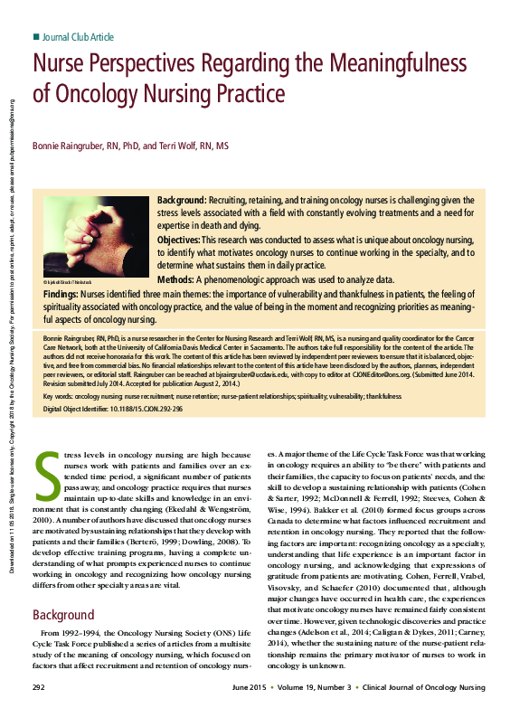 (PDF) Nurse Perspectives Regarding the Meaningfulness of Oncology Nursing Practice