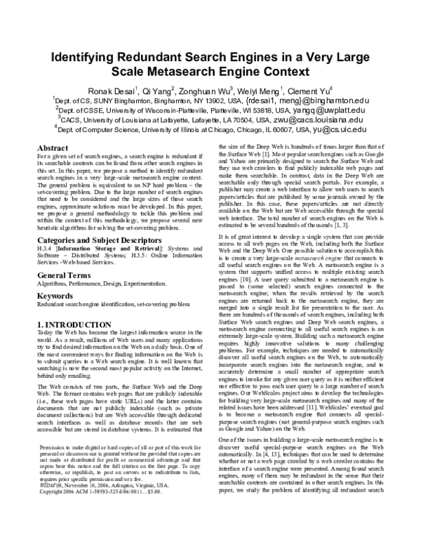 (PDF) Identifying redundant search engines in a very large scale metasearch engine context