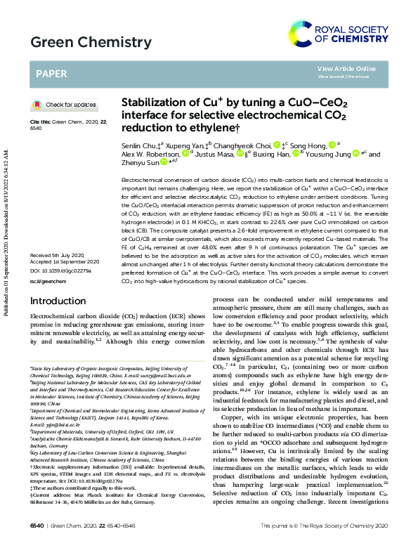 (PDF) Stabilization of Cu+ by tuning a CuO–CeO2 interface for selective ...