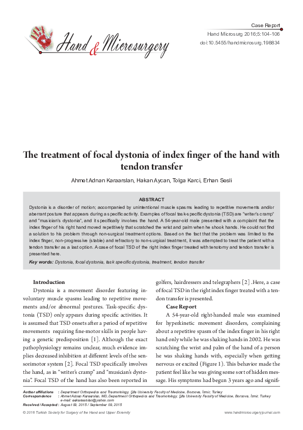 (PDF) The treatment of focal dystonia of index finger of the hand with ...