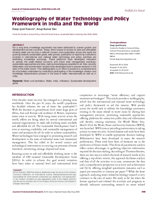 (PDF) Webliography of Water Technology and Policy Framework in India ...