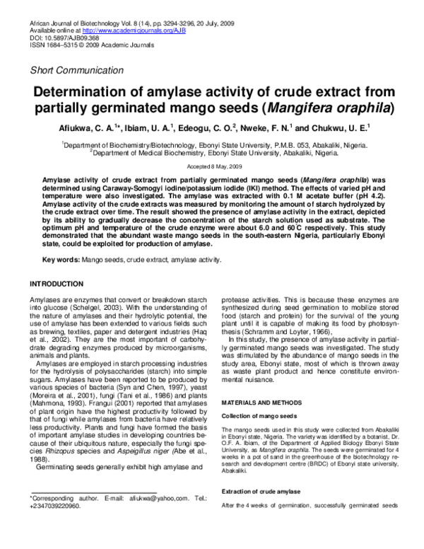 (PDF) Determination of amylase activity of crude extract from partially ...