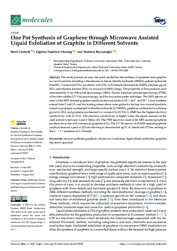 (PDF) One Pot Synthesis of Graphene through Microwave Assisted Liquid ...