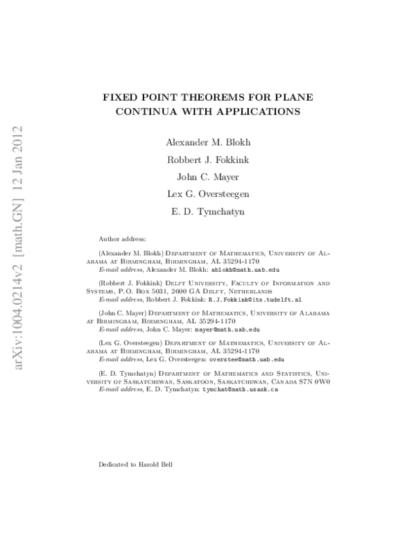 Pdf Fixed Point Theorems For Plane Continua With Applications