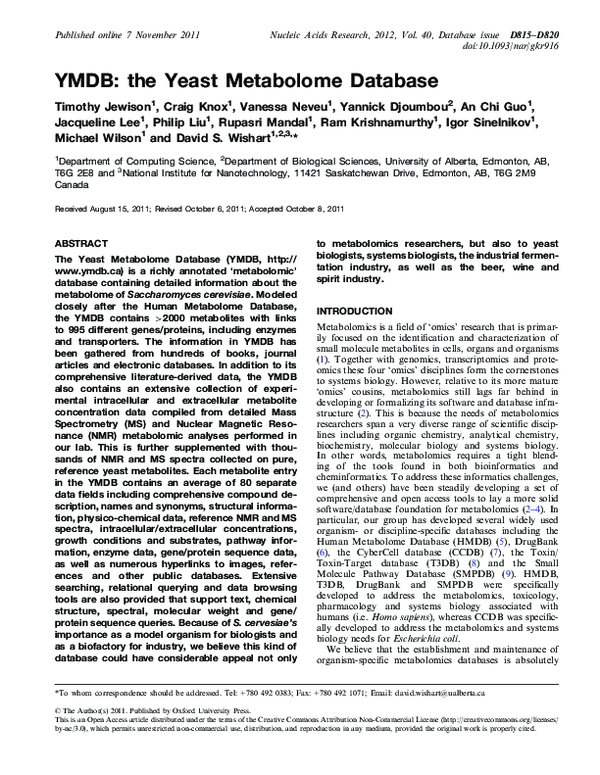 (PDF) YMDB: the Yeast Metabolome Database